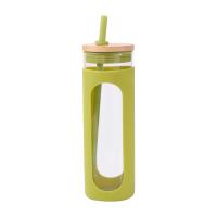 China Bamboo Sports Cap Glass Drinking Bottles 20oz With Protective Silicone Sleeve for sale