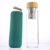 China 500ml Natural Bamboo Lid Glass Tea Bottles Infuser With Capacity Marker for sale