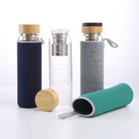China 500ml Natural Bamboo Lid Glass Tea Bottles Infuser With Capacity Marker for sale