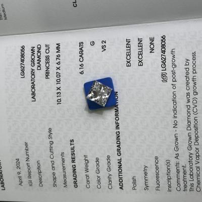 China 6.16 Carat G VS2 2EX CVD Princess Cut Lab Created Diamond  IGI Certificated for sale