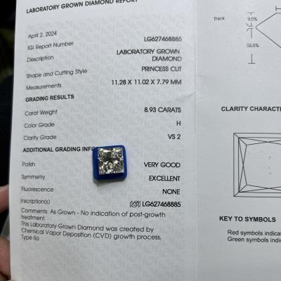 China 8.93CT H Color VS2 Clarity 2EX CVD Lab Grown Princess Cut Diamond for sale