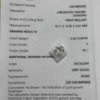 China 3.6ct Lab Made Diamonds Heart Brillant Cut  CVD F VS1 2EX N IGI LG618492502 for sale