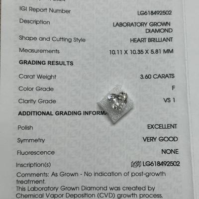 China 3.6ct Lab Made Diamonds Heart Brillant Cut  CVD F VS1 2EX N IGI LG618492502 for sale