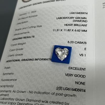 China 5.23ct Grown Brilliance Diamonds Heart Cut CVD E Color VS1 Clarity 2EX N IGI for sale