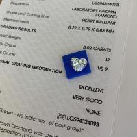 China 3.02 Carat Heart Shaped Lab Diamonds D Color VS2 Clarity for sale