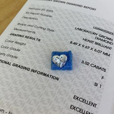 China 3.02ct Lab Grown Heart Shaped Diamond CVD F SI1 2EX N IGI LG566326237 for sale