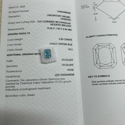 China 3.55ct VS2 Synthetic Blue Diamond Lab Grown Diamonds HPHT Fancy Vivid Blue for sale