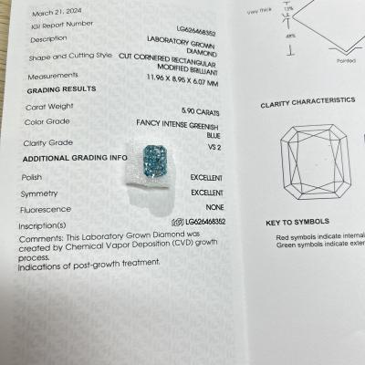 China Lab Grown Radiant Cut Diamond Lab Created Fancy Intense Greenish Blue 5.9ct VS2 for sale