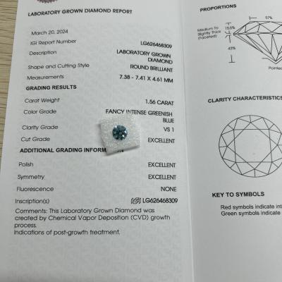 China 1.56ct Fancy Intense Greenish Blue Lab Grown Diamond Round Cut CVD FVS1 3EX N IGI for sale