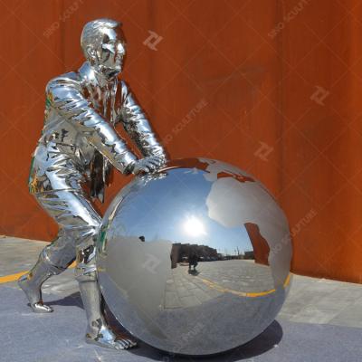 China Mirror Polished Stainless Steel Pushing Earth Statue 1.8m High 316L for Garden for sale