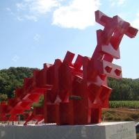 China Outdoor Red Spray Painted Steel Plough Sculpture H7m Corten Steel for sale