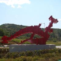 China Outdoor Red Spray Painted Steel Plough Sculpture H7m Corten Steel for sale
