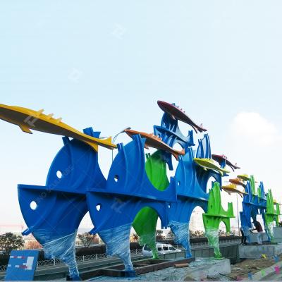 China Custom Large Stainless Steel Fish Sculpture 65.6ft Blue Painted Outdoor Decoration for sale
