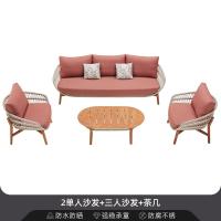 China Outdoor Teak Rattan Sofa Set Waterproof Sunproof 3-Seat Courtyard Garden Furniture for sale