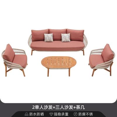 China Outdoor Teak Rattan Sofa Set Waterproof Sunproof 3-Seat Courtyard Garden Furniture for sale