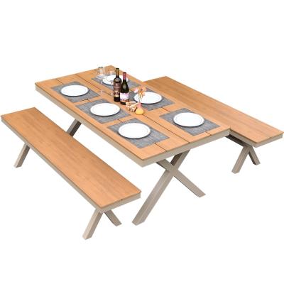 China Outdoor Plastic Wood Table and Chairs Set Weatherproof Anti Corrosion Villa Garden Patio Furniture 4 Seats for sale