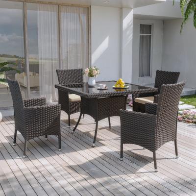 China Commercial PE Rattan Outdoor Dining Set 35in Tempered Glass Table Aluminum Frame for sale