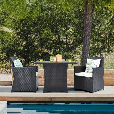 China Commercial Outdoor Bistro Set 2 Chairs 1 Table Handwoven PE Rattan Aluminum Frame Tempered Glass 350 lbs Capacity for sale