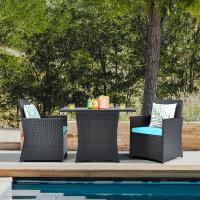 China Commercial Outdoor Bistro Set 2 Chairs 1 Table Handwoven PE Rattan Aluminum Frame Tempered Glass 350 lbs Capacity for sale