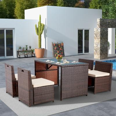 China Commercial Outdoor Dining Set 47.2in Aluminum Frame Handwoven PE Rattan Tempered Glass Table for sale