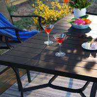 China Commercial Outdoor Dining Set 60x35in Aluminum Table 6 Handwoven PE Rattan Chairs Hotel Resort for sale
