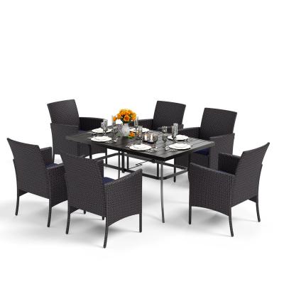 China Commercial Outdoor Dining Set 60x35in Aluminum Table 6 Handwoven PE Rattan Chairs Hotel Resort for sale