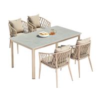 China Commercial Outdoor Dining Set 6 Chairs Sintered Stone Tabletop Aluminum Frame UV Resistant Rope Weaving for sale