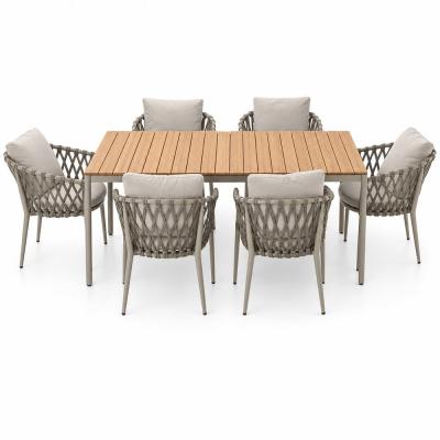 China Outdoor Rope Dining Set with Wood-Look Tabletop and Powder-Coated Metal Frame for Commercial Use for sale