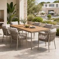 China Outdoor Rope Dining Set with Wood-Look Tabletop and Powder-Coated Metal Frame for Commercial Use for sale