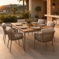 China Outdoor Rope Dining Set with Wood-Look Tabletop and Powder-Coated Metal Frame for Commercial Use for sale