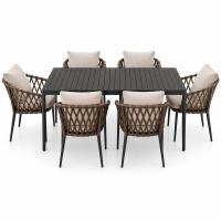 China Dark Charcoal Outdoor Dining Set with 6 Brown Woven Rope Chairs and Black Metal Frame for sale