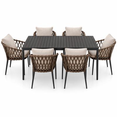 China Dark Charcoal Outdoor Dining Set with 6 Brown Woven Rope Chairs and Black Metal Frame for sale