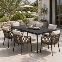 China Dark Charcoal Outdoor Dining Set with 6 Brown Woven Rope Chairs and Black Metal Frame for sale
