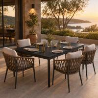 China Dark Charcoal Outdoor Dining Set with 6 Brown Woven Rope Chairs and Black Metal Frame for sale