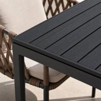 China Dark Charcoal Outdoor Dining Set with 6 Brown Woven Rope Chairs and Black Metal Frame for sale