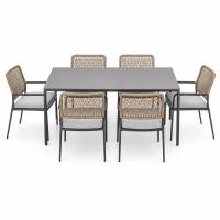 China Modern Outdoor Dining Set Matte Gray Table Natural Tan PE Rattan Chairs 6-Seat for sale