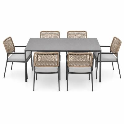 China Modern Outdoor Dining Set Matte Gray Table Natural Tan PE Rattan Chairs 6-Seat for sale
