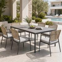 China Modern Outdoor Dining Set Matte Gray Table Natural Tan PE Rattan Chairs 6-Seat for sale
