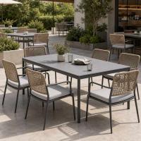 China Modern Outdoor Dining Set Matte Gray Table Natural Tan PE Rattan Chairs 6-Seat for sale