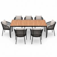 China Modern Outdoor Dining Set 6 Seats Matte Gray Table Natural Tan PE Rattan Chairs Dark Gray Frame for sale