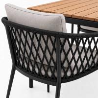 China Modern Outdoor Dining Set 6 Seats Matte Gray Table Natural Tan PE Rattan Chairs Dark Gray Frame for sale