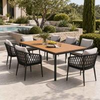 China Modern Outdoor Dining Set 6 Seats Matte Gray Table Natural Tan PE Rattan Chairs Dark Gray Frame for sale