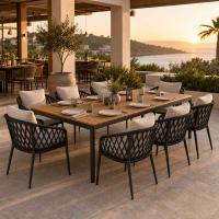 China Modern Outdoor Dining Set 6 Seats Matte Gray Table Natural Tan PE Rattan Chairs Dark Gray Frame for sale