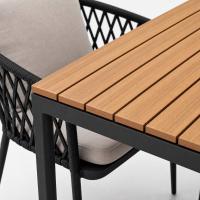 China Modern Outdoor Dining Set 6 Seats Matte Gray Table Natural Tan PE Rattan Chairs Dark Gray Frame for sale