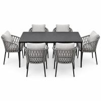 China Outdoor Dining Set with Gray Rope Woven Armchairs Matte Dark Charcoal Tabletop and Thick Light Gray Cushions for sale