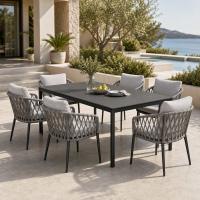 China Outdoor Dining Set with Gray Rope Woven Armchairs Matte Dark Charcoal Tabletop and Thick Light Gray Cushions for sale