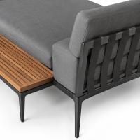 China Dark Powder-Coated Aluminum Frame Modular Lounge Furniture with Extended Teak Slat Platforms and Charcoal-Gray Cushions for sale