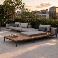 China Dark Powder-Coated Aluminum Frame Modular Lounge Furniture with Extended Teak Slat Platforms and Charcoal-Gray Cushions for sale