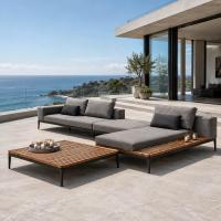 China Dark Powder-Coated Aluminum Frame Modular Lounge Furniture with Extended Teak Slat Platforms and Charcoal-Gray Cushions for sale