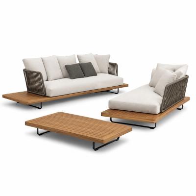 China Teak and Rope Outdoor Lounge Sofa Set with Modular Corner Seating and Powder-Coated Metal Frame for sale